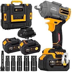 JEXUGK 1000N.m 1/2" Cordless Impact Gun, 740ft-lbs 21V Brushless High Torque Wrench with 2 x 4.0Ah Battery, 5 x Sockets & Fast Charger, Power Impact Driver for Truck Car Home Mower