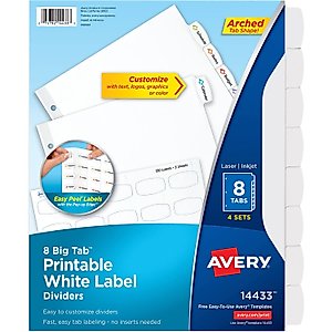 Avery Big Tab Printable White Label Dividers with Easy Peel, 8 Tabs, 4 Sets (14433)