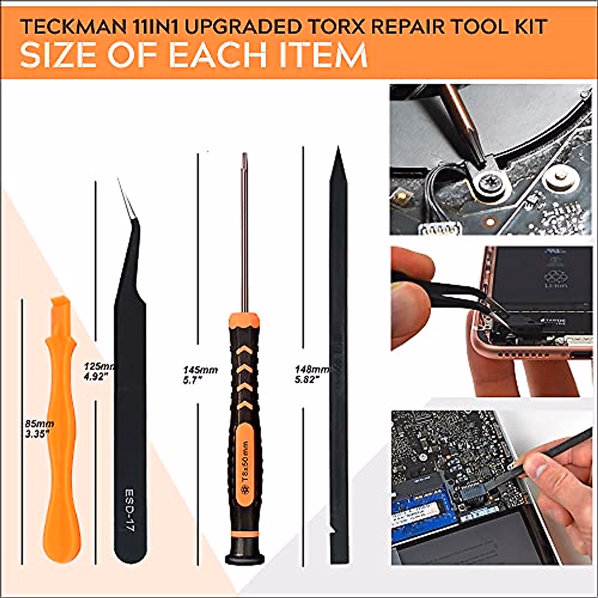 TECKMAN 11 in 1 Torx Screwdriver Set with T3 T4 T5 T6 T7 T8 T9 T10 Security Torx Screwdriver & Tweezer,Magnetic Screwdrivers Precision Repair Kit for Xbox,PS4,Macbook,Computer,Ring Doorbell & Knife