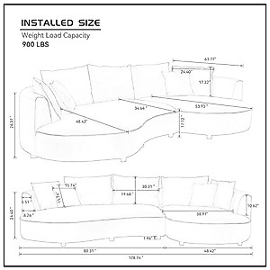 Eafurn Oversized Leather Curved Sofa, Right Hand Facing Sectional Couch with Extra Wide Chaise Lounge and Throw Pillows,6 Seater L-Shaped Leisure Sofa&Couches for Living Room Apartment