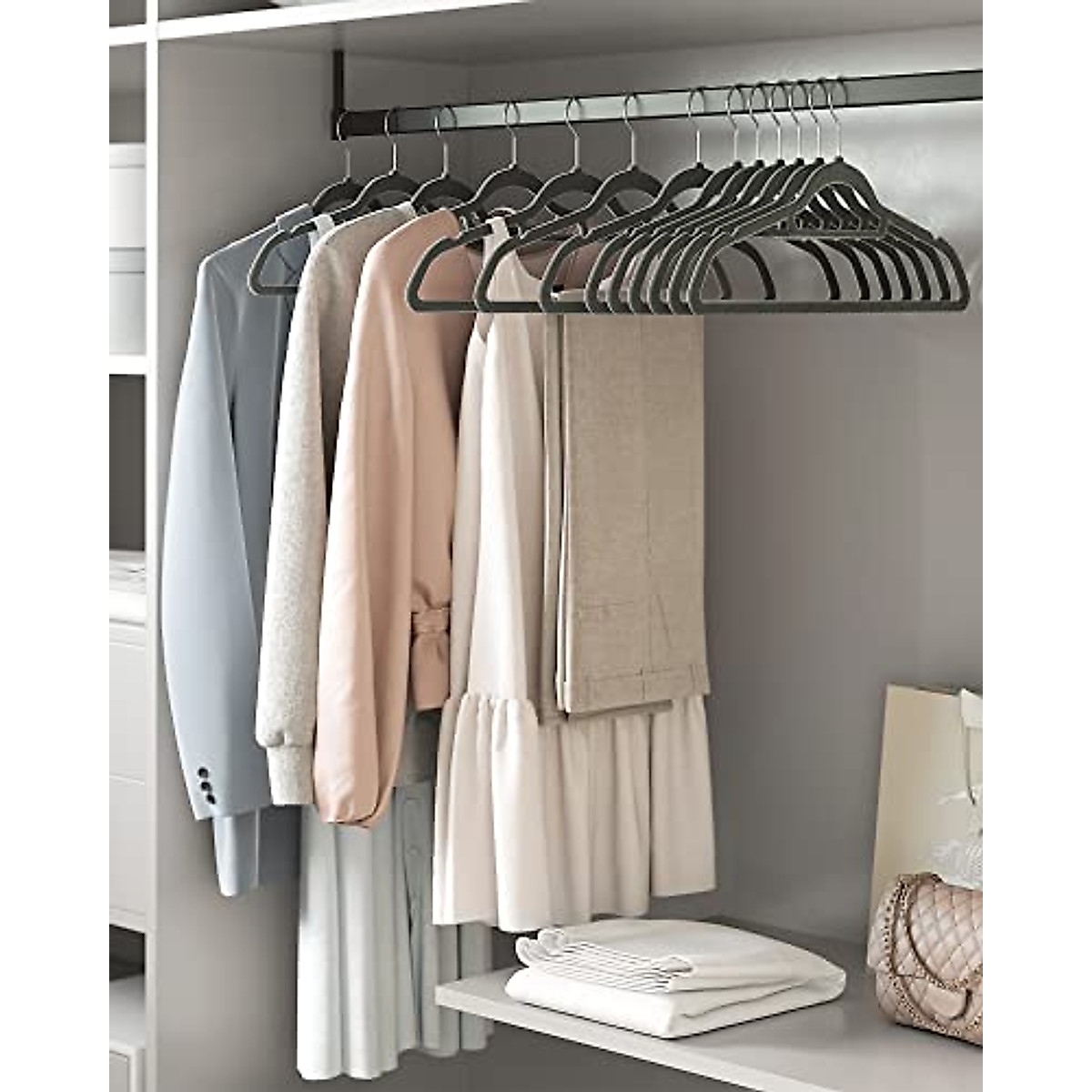 SONGMICS Velvet Hangers, 50 Pack, Ultra Thin Space Saving, Non-Slip Coat Hangers with Tie Organizer, 360 Degree Swivel Hook, Grey CRF50V