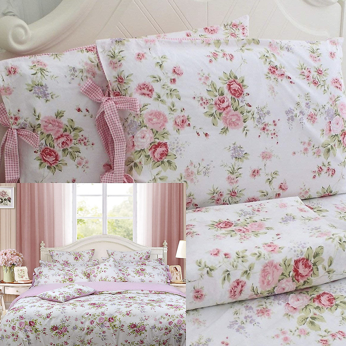FADFAY 7Pcs Full Size Premium Cotton Rose Floral Duvet Cover Sheets Set,1 Duvet Cover+1 Flat Sheet+1 Fitted Sheet+ 4 Shams