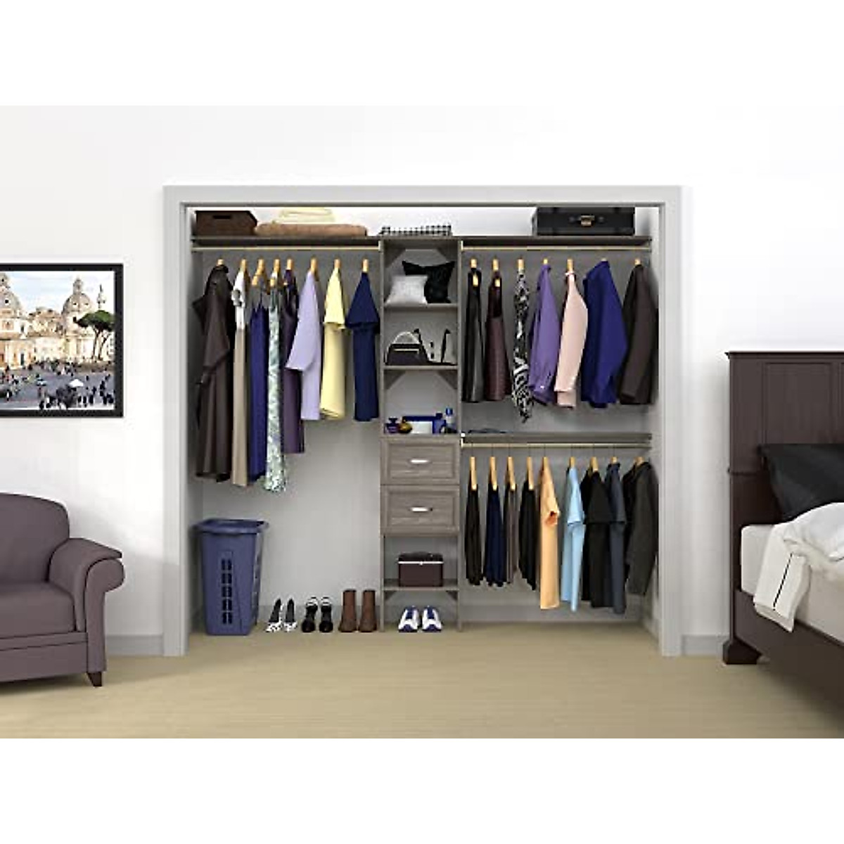 ClosetMaid SuiteSymphony Wood Closet Organizer Starter Kit with Tower and 3 Hang Rods, Shelves, Adjustable, Fits Spaces 4 – 9 ft. Wide, Graphite Grey