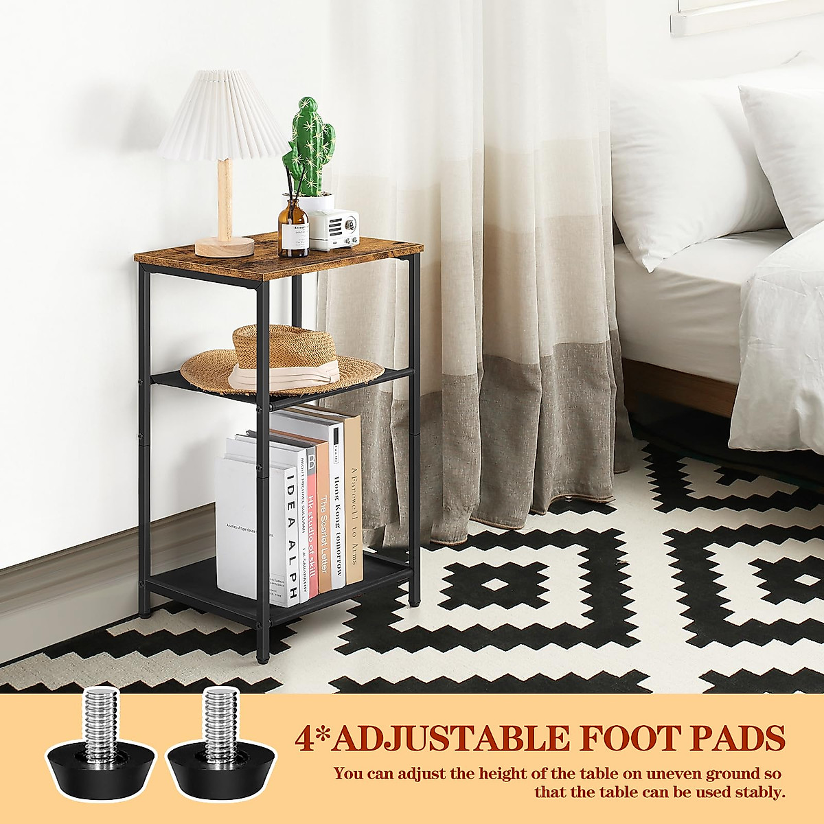 Set of 2 Nightstand, 3 Tier End Table for Small Spaces, Narrow Side Table with Storage Shelf, Bedside Tables for Bedroom, Living Room, Rustic Brown