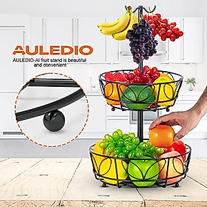 Auledio 2-Tier Countertop Fruit Vegetables Basket Bowl Storage With Triple Banana Hanger, Black
