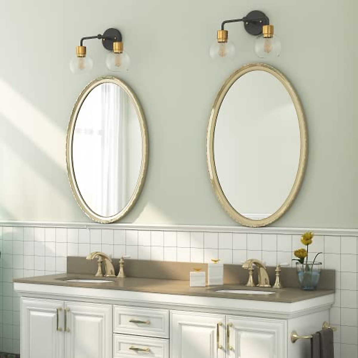 Inlight 16" Wide Black and Brushed Gold 2-Light Vanity Bath Light with Clear Seedy Glass Globe Shades, Bulb Not Included, IN-0443-2-GD