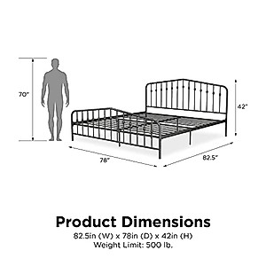 Novogratz Bushwick Metal Bed with Headboard and Footboard | Modern Design | King Size - Grey