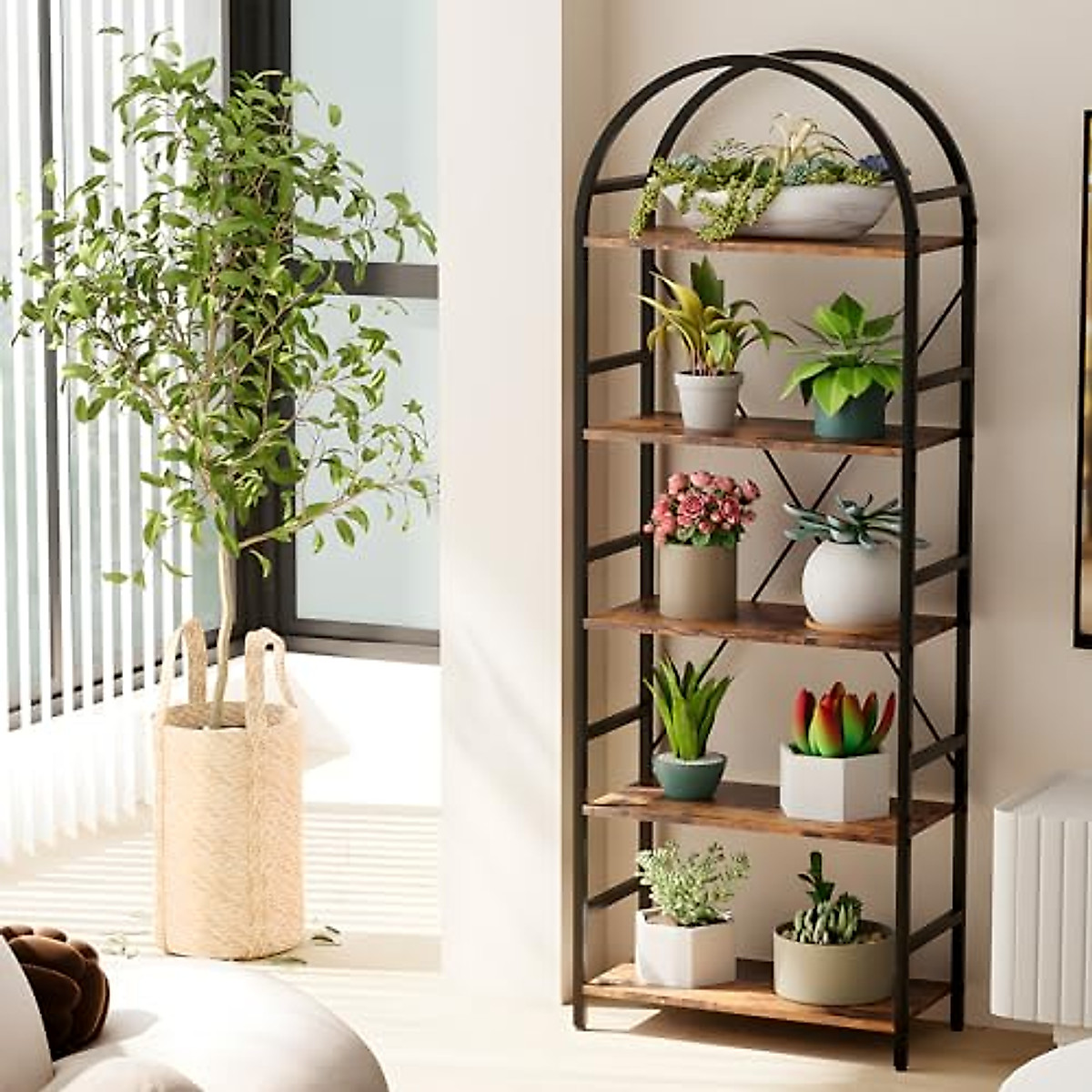 Arbuxzuy 5-Tier Bookshelf, 24 Inch Width Industrial Arched Bookcase, Vintage Storage Rack with Open Shelves, Free Standing Shelf for Home Office, Living Room,Bedroom, Rustic Brown