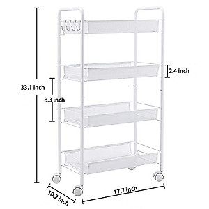 Rolling Storage Cart 4-Tier Metal Mesh Basket Shelves Kitchen Organizer with Wheels(White)