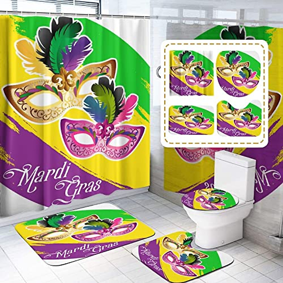 Chfukew 4 Piece Mardi Gras Decor Shower Curtain Set Mardi Gras Mask Rainbow Waterproof Non Slip Bathroom Sets with Shower Curtain and Rugs and Accessories