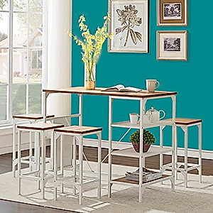 O&K FURNITURE Small 5-Piece Dining Room Bar Table Set, Modern Industrial Bistro Restaurant Dining Table and Stool Set, Home Kitchen Furniture, Oak Finish
