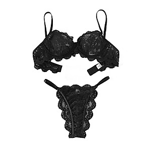 Lilosy Scallop Sexy Underwire Push Up Floral Lace Sheer Lingerie Set for Women See Through Bra and Panty 2 Piece Black Medium