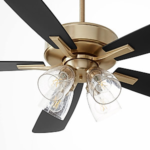 Quorum International 4525-2480 | 52 Inch Five Blade LED Four Light Ceiling Fan | 3 Speed Reversible Motor | Aged Brass Finish with Walnut Blades | Reversible Blades (Matte Black) | Clear Seedy Shade