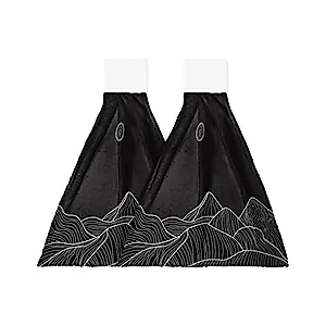 Ldtrchee Mountains Scenery Hand Towel with Hanging Loop, Sun Black White Line Abstract Art Hanging Tie Towels Set 2 Pcs, Kitchen Absorbent Towel for Bathroom Tea Bar Laundry