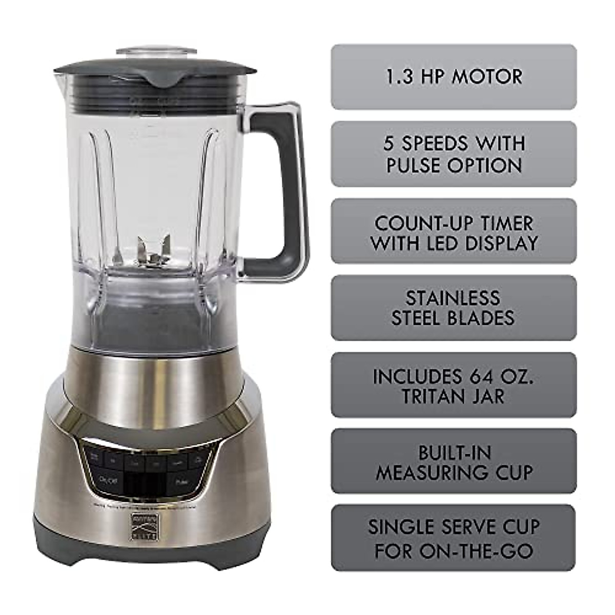 Kenmore Elite 1.3 HP 64 oz Blender With 20 oz Single-Serve Blending Cup, Powerful Ice-Crushing Motor, 8-Cup (1.9L) Tritan Pitcher, 20 oz (600 mL) Travel Cup with To-Go Lid, Grey and Stainless Steel