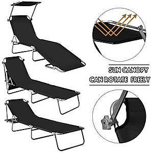 GYMAX Lounge Chair, Folding Recliner Patio Chair for Outdoor Patio Garden Beach Pool with Adjustable Reclining Positions, Sun Shade (Black)