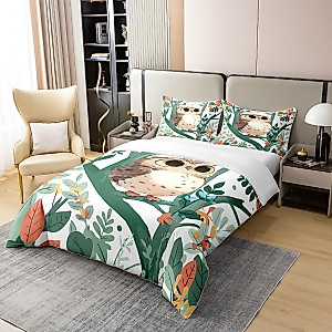 Feelyou Boys Girls Cute Owl Bedding Set Queen(No Comforter), 3D Animal Printed 100% Cotton Duvet Cover Kids Bird Decor Comforter Cover Cartoon Owls Design Teens 3Pcs with 2 Pillow Case