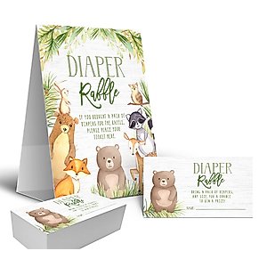 Your Main Event Prints Woodland Baby Shower Diaper Raffle Set - Self-Standing Sign with Matching Raffle Cards - Adorable Forest Animal Theme - Ideal for Nature-Themed Baby Showers