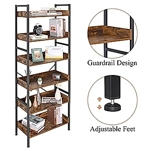 RokiaTek Bookshelf Bookcase 6-Tier Storage Rack with Open Shelves, Vintage Standing Bookshelves Metal Frame Industrial Display Rack for Living Room Bedroom, Rustic Brown and Matte Black