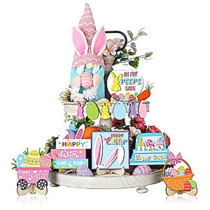 13 Pcs Easter Tiered Tray Decor Set Happy Easter Wooden Sign Gnome Plush Easter Egg Bunny Table Decor for Rustic Farmhouse Home Spring Easter Decorations