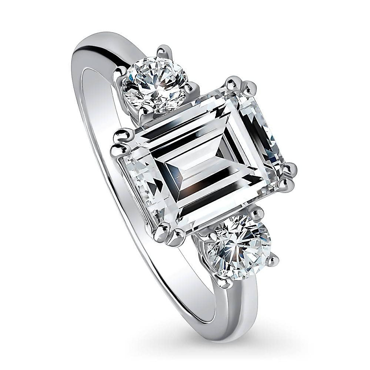 BERRICLE Sterling Silver 3-Stone Wedding Engagement Rings Emerald Cut Cubic Zirconia CZ Promise Ring for Women, Rhodium Plated Size 5.5