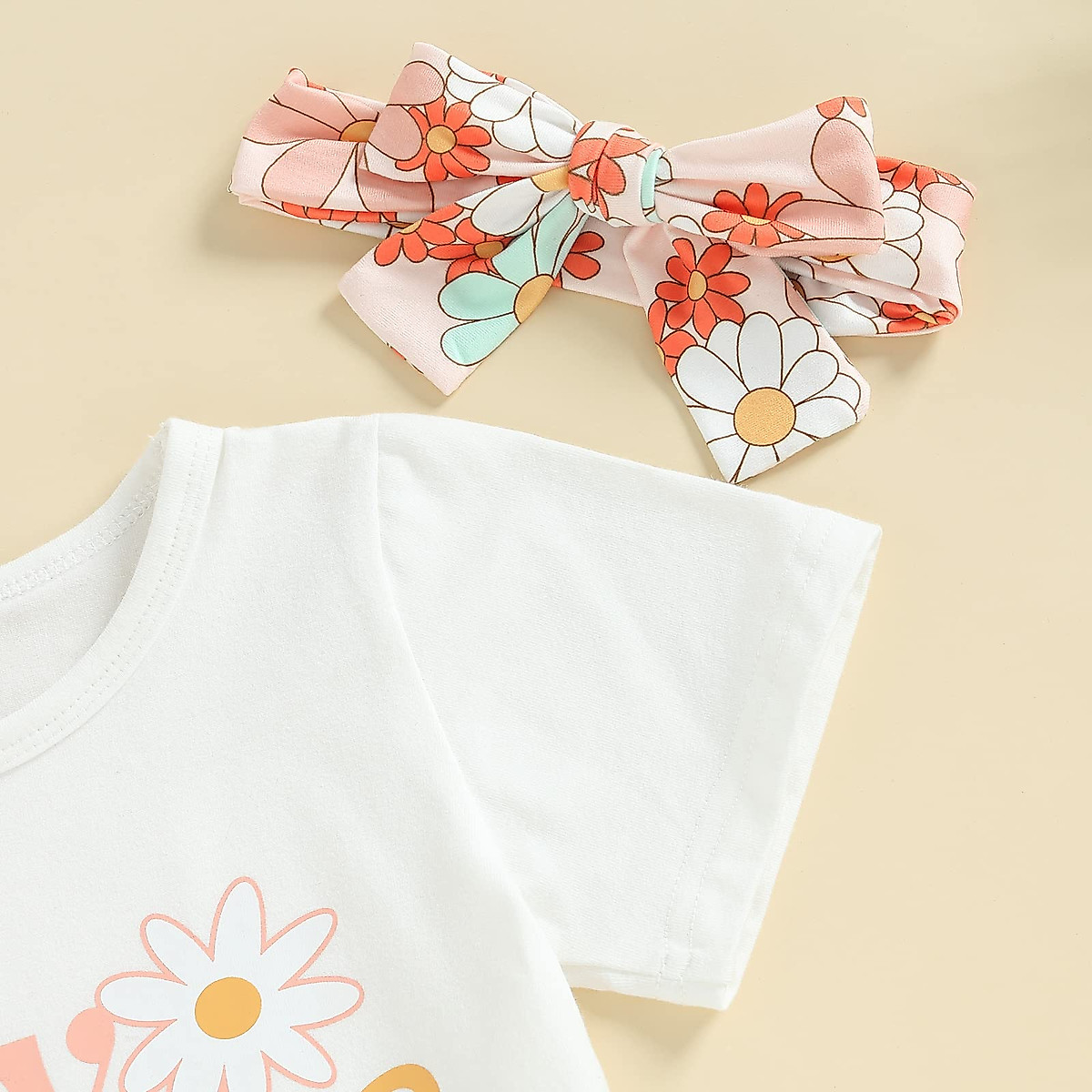 CHAUKAREAUL Toddler Baby Girl 2nd Birthday Outfit Short Sleeve Two Groovy Print Romper Floral Bell Bottom Pants 2 Year Old (White 2nd, 2-3 Years)