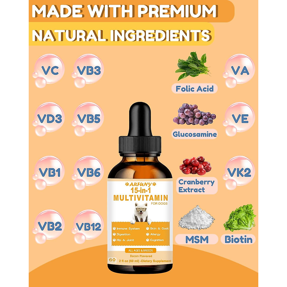 15 in 1 Multivitamin for Dogs | 60ML Dog Multivitamin Liquid Support Joint, Gut & Immune Health | Dog Liquid Vitamins for Digestion, Heart, Skin & Coat | Vitamin Supplements for Dogs | Bacon Flavor