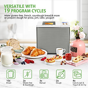 KEEPEEZ Bread Machine Dual-Heaters, 19-in-1 Horizontal Bread Maker, Gluten Free, Sourdough, Pizza Dough, Jam, Stir-Fry Setting, Stainless Steel, 2LB Loaf, 3 Crust Colors, Nonstick Pan, Auto Keep Warm…