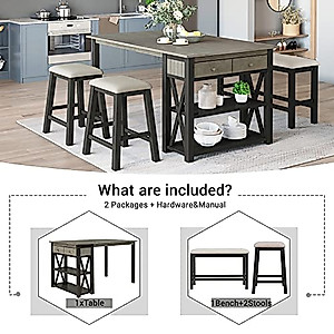 CKLMMC Rustic Wood Kitchen Dining Table Set with 2 Stools and Bench, 4-Piece Counter Height Storage Shelves Drawer, Perfect Choice for Small Places (Gray/2S+1B)
