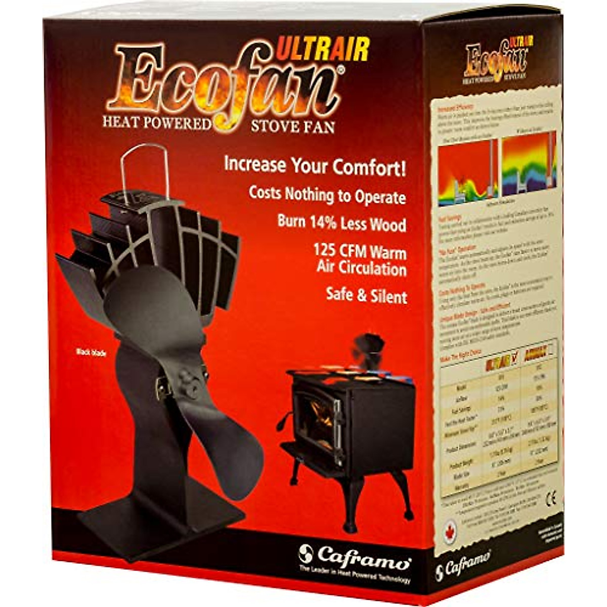 Ecofan® UltrAir, Classic Styled, Heat Powered Wood Stove Fan, 125 CFM, 810CAXBX, Mid-Sized, 7.9" Blade, Black