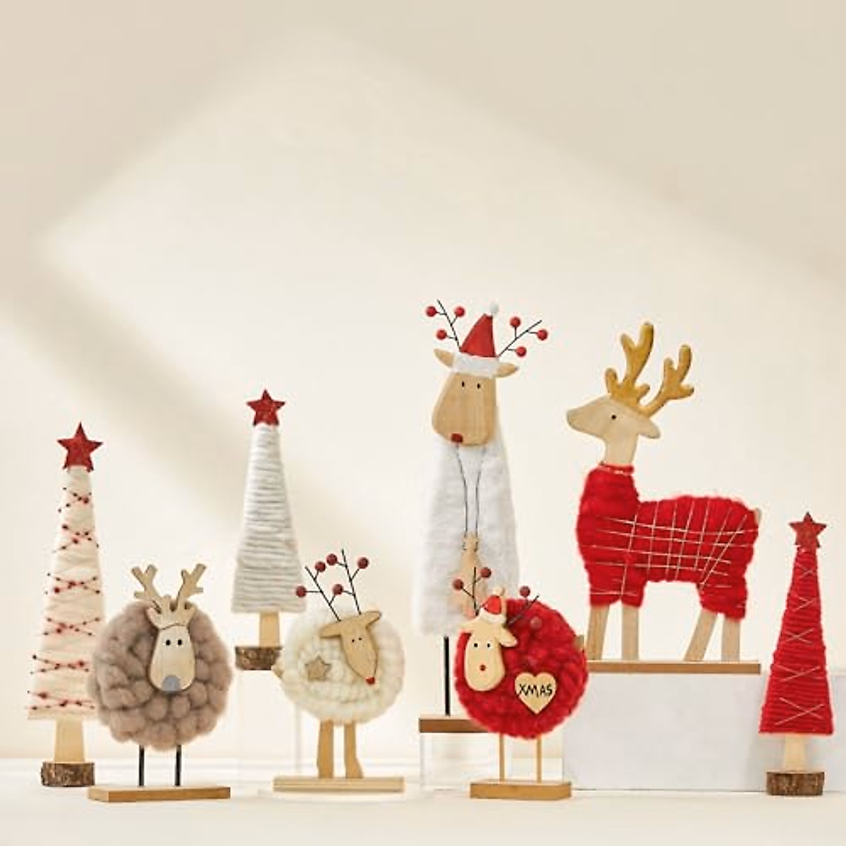 Christmas Home Decor Wool, Wood Felt Reindeer Elk Tree Decorations, Christmas Tree Desktop Wool Felts Ornaments, Christmas Tree Wooden Reindeer (C)