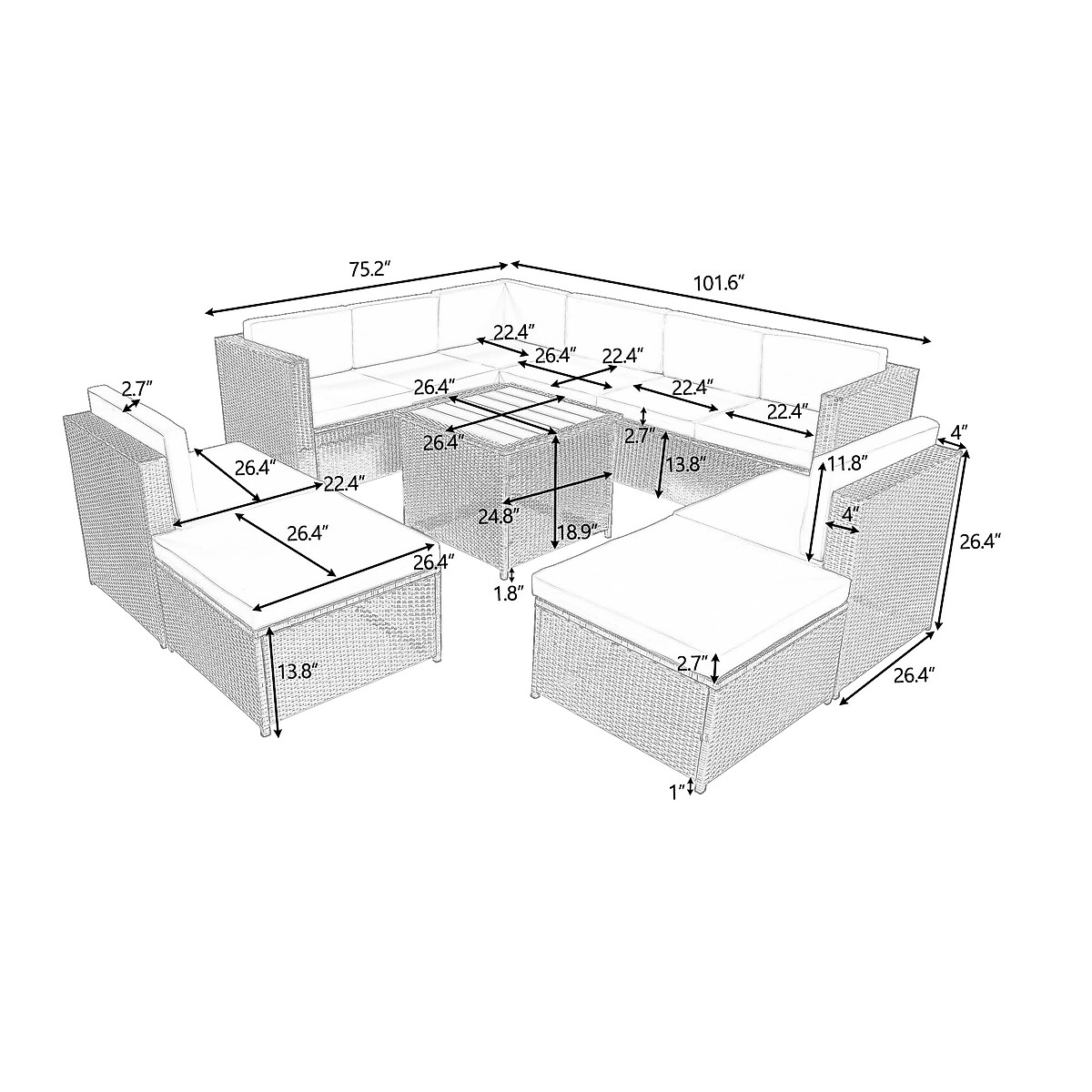 BIADNBZ 9 Piece Outdoor Sectional Sofa Patio Furniture Set, Woven PE Rattan Conversation Couch with Coffee Table, Ottoman and Cushions for Garden Backyard Poolside, Brown