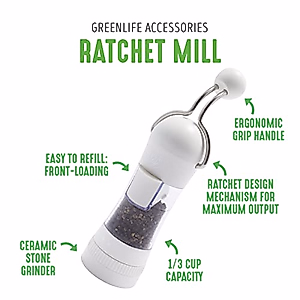 GreenLife Salt and Pepper Grinder Set, Mess-Free Ratchet Mill, Adjustable Coarseness and Easily Refillable, Black and White