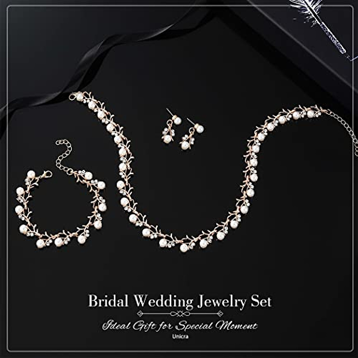 Unicra Pearl Bride Wedding Jewelry Set Crystal Bridal Necklace Bracelet Earrings Sets Rhinestone Choker Necklace Prom Costume Jewelry Set for Women and Brides (Gold)