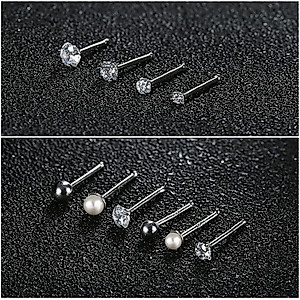 Sllaiss 12Pcs Sterling Silver Nose Rings Studs for Women Multiple Styles Tiny Ball Pearl CZ Nose Studs Nose Piercing Jewelry 1.5mm 2mm 2.5mm 3mm