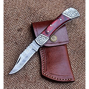 Nesmo-511 Damascus Steel Pocket Knife for Men - Handmade Folding Hunting Knives with Leather Pouch - Best Knife for Camping Hunting Hiking (Red Pakka Wood Handle)