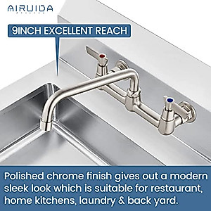 Airuida Brushed Nickel Wall Mount Commercial Kitchen Faucet Wall Mounted Kitchen Sink Faucet 8 Inches Center 8 Inches Swivel Spout Utility Sink Faucets 2 Handle Restaurant Laundry Tap