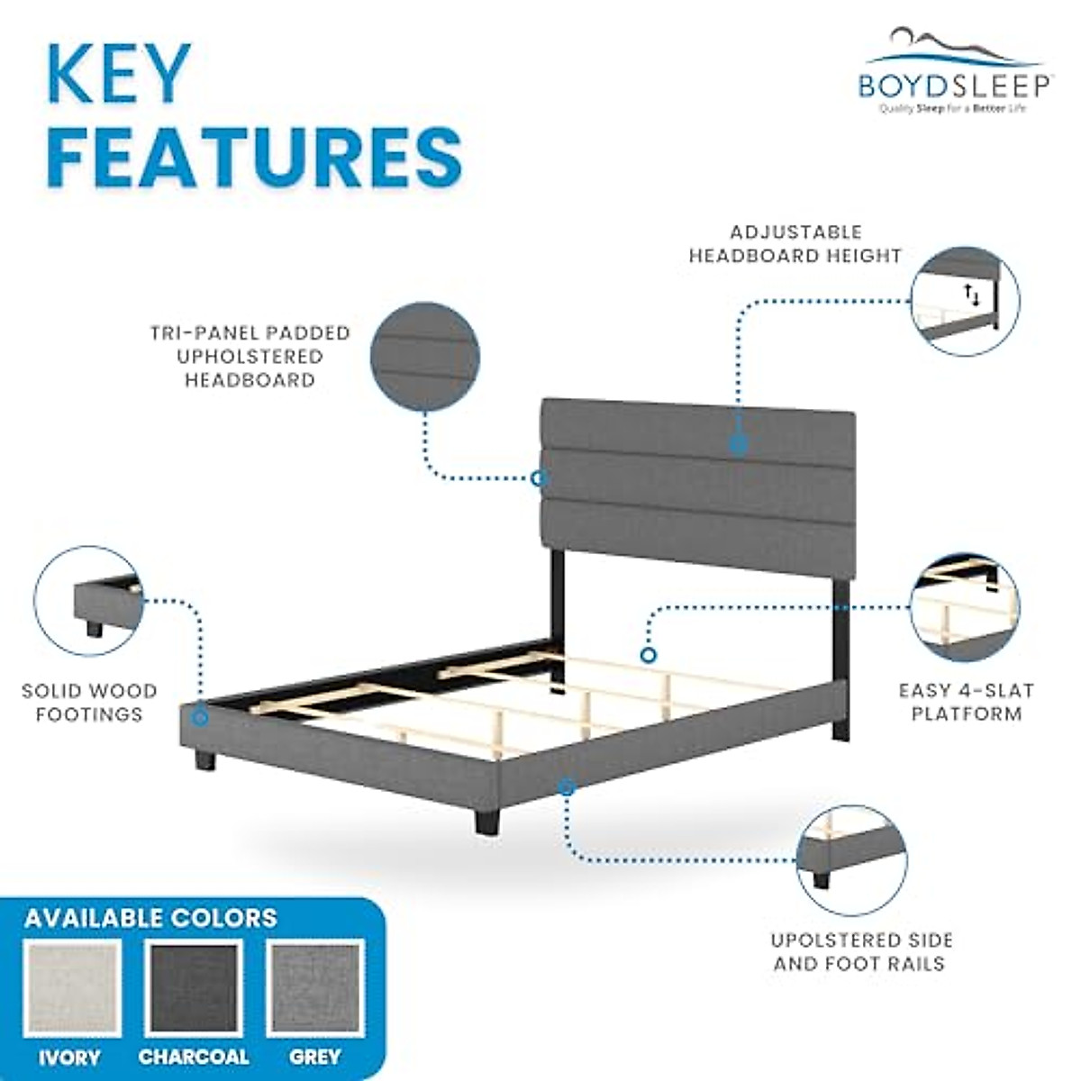 Boyd Sleep Ravenna Gray Linen Queen Size Fully Upholstered Platform Bed Frame with Adjustable Headboard - Easy Assembly, Noise Free, Modern Design, Durable & Sturdy Mattress Support