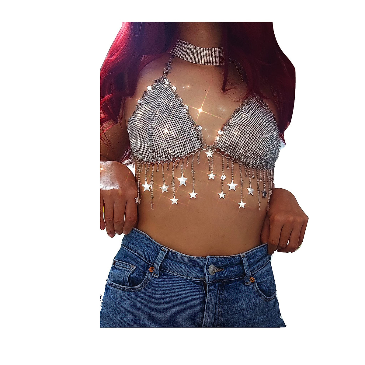 Women Sparkly Rhinestone Mesh Halter Bra Top Sequins Stars Chest Bikini Halter Crop Top Body Chain Jewerly for Festival Party Top