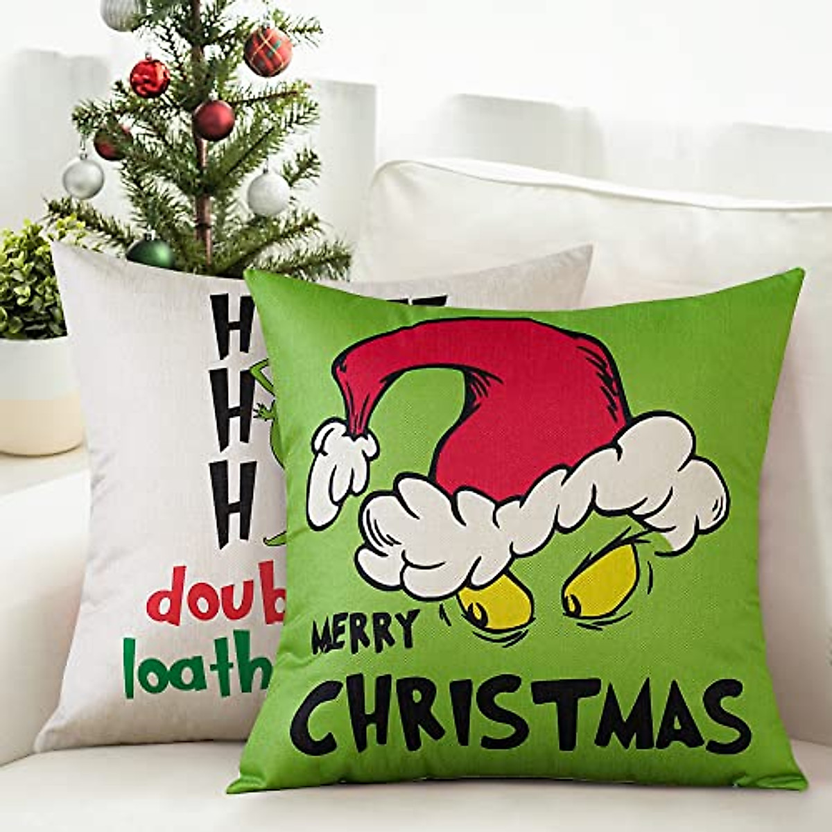 Christmas Pillow Covers 18x18 Set of 4 for Christmas Decorations,Grinch Christmas Decorations Throw Pillow Covers Merry Christmas Grinch Pillow Cases Christmas Pillows for Sofa Couch Indoor Outdoor