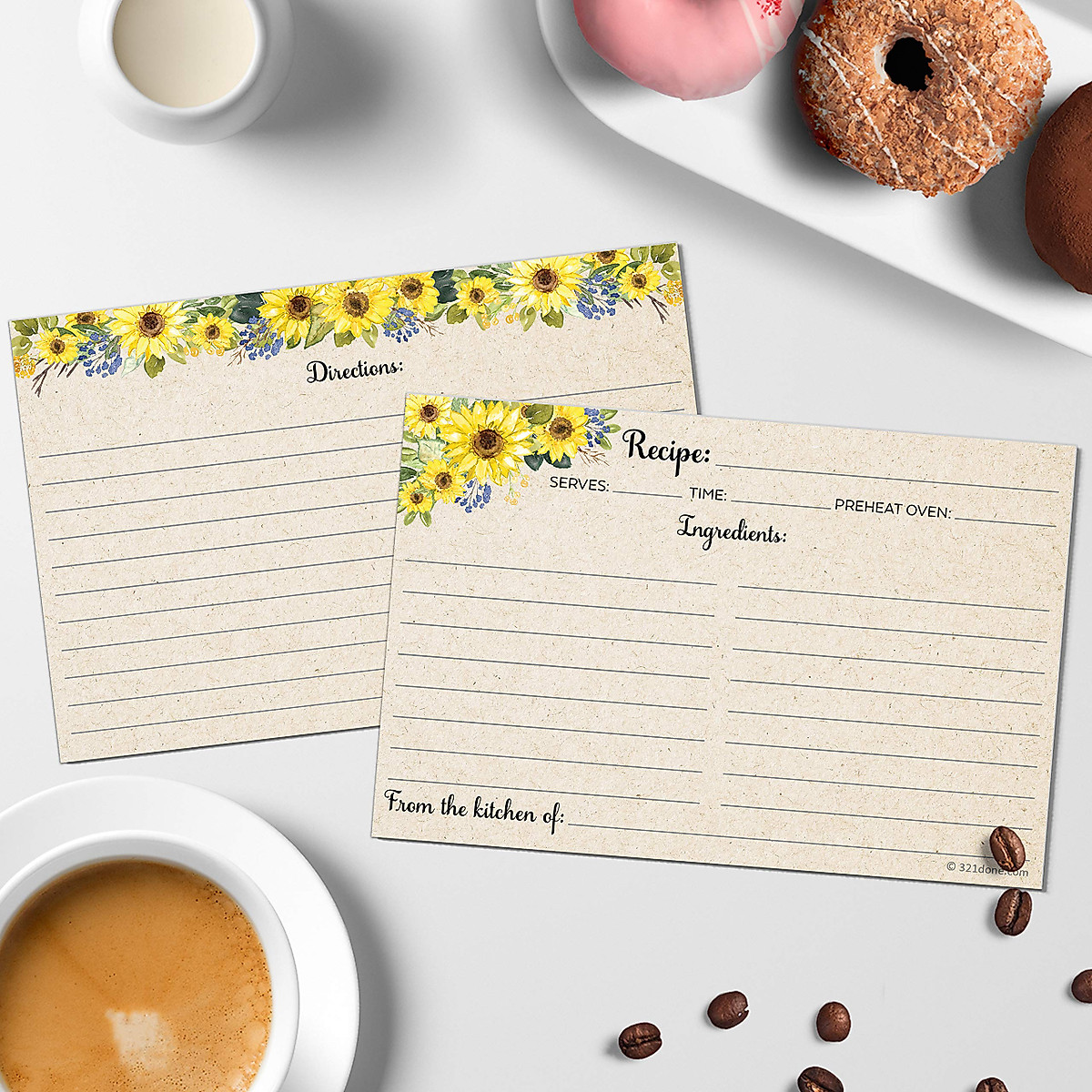 321Done Sunflower Recipe Cards (Set of 50) Large 4x6 - Rustic Kraft Tan, From the Kitchen Of - Double-Sided for Weddings, Bridal, Baby Shower - Made in USA