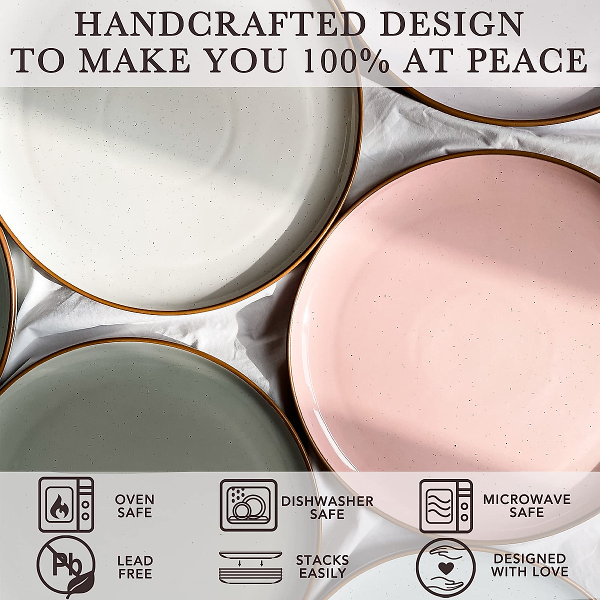 Mora Ceramic Dinner Plates Set of 6, 10 inch Dish Set - Microwave, Oven, and Dishwasher Safe, Scratch Resistant, Modern Rustic Dinnerware- Kitchen Porcelain Serving Dishes - Assorted Colors