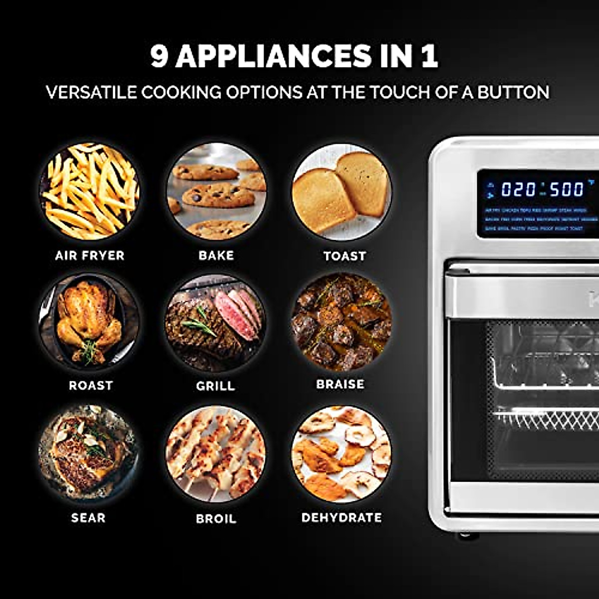 Kalorik MAXX® 16 Quart Digital Air Fryer Oven, Easy to Use, 9-in-1 Versatility - Air fryer, Bake, Braise, Broil, Dehydrate, Grill, Roast, Sear, and Toast, 21 Smart Presets, 5 Accessories, Bonus Cookbook, 500°F, 1600W, Stainless Steel