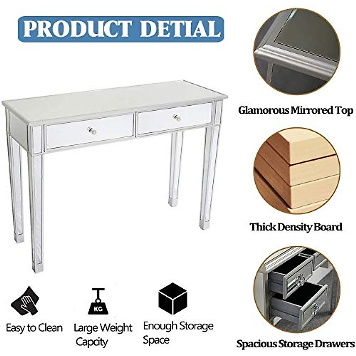 Binrrio Mirrored Console Table, Silver Glass Mirrored Makeup Vanity Table Desk for Women, Writing Desk Media Console Table for Home Living Room Bedroom Office Smooth Finish (Sliver-2 Drawers)