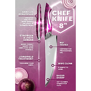 Dalstrong Chef Knife - 8 inch - Frost Fire Series - Frosted Amethyst Edition - HC 10CR15MOV Stainless Steel Kitchen Knife - Sand Blasted Frosted - Fuschia Honeycomb Handle - Sheath - NSF Certified