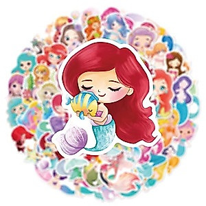 50PCS Kawaii Cartoon Mermaid Stickers Sweet Mermaid Fairy Stickers Waterproof Bedroom Wardrobe Car Skateboard Motorcycle Bicycle Luggage Guitar Laptop Phone DIY Decal Vinyl Stickers for Kid Girl (mermaid)