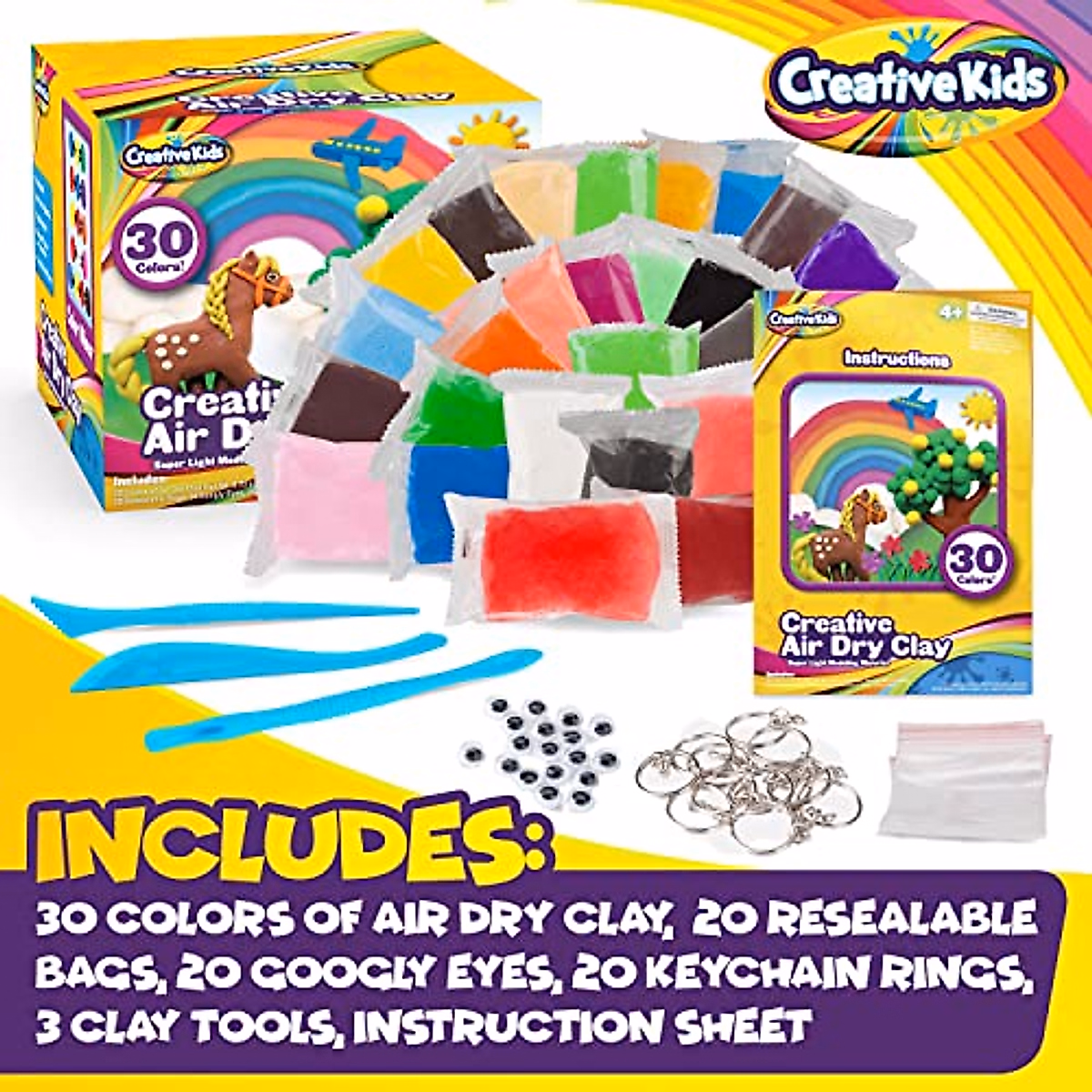 Creative Kids Air Dry Clay Modeling Crafts Kit for Children - Super Light Nontoxic - 30 Vibrant Colors & 3 Clay Tools - STEM Educational DIY Molding Set – Gift for Boys & Girls 4+