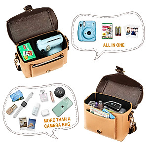 FINPAC Protective Case Leather Crossbody Handbag for Fujifilm Instax Mini 12/11/9/8+/8/90/70/40/26+/25/7s/Mini LiPlay/Square SQ1/SQ6/SQ40 Polaroid PIC-300 Instant Camera with Film Pack Pocket, Brown