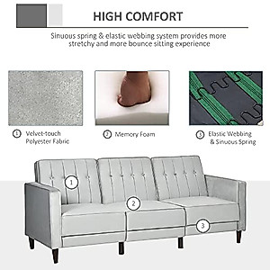 HOMCOM Upholstered L-Shaped Sofa Bed, Reversible Sectional Recliner Sofa Set, Velvet-Feel Sleeper Futon with Footstool, Grey