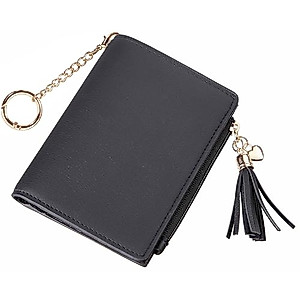 Gostwo Wallet Women, Bifold Leather Small Wallets Woman, Slim RFID Credit Card Wallet with ID Window and Zippered Coin Pocket, Cute Small Wallet with Tassel for Girls Teens Ladies, Black